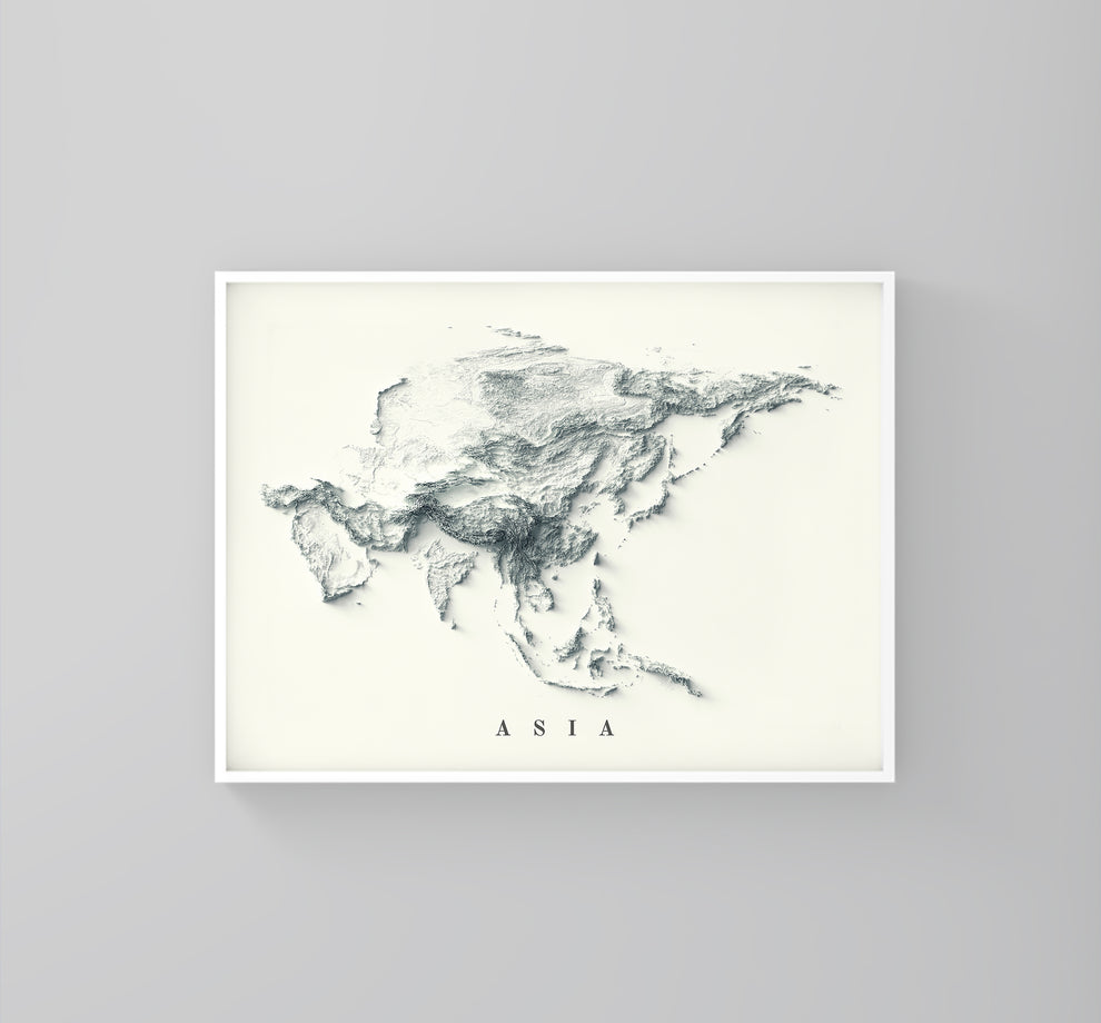 Asia Shaded Relief Map | Minimalist Topographic Wall Decor – Think ...
