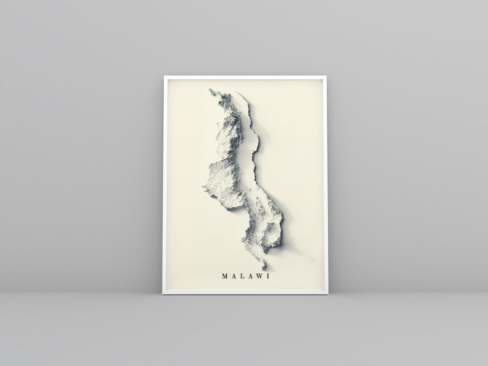 Malawi Shaded Relief Map | Minimalist Topographic Wall Decor – Think ...