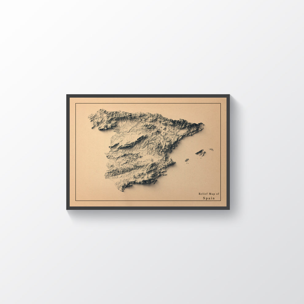 Spain Shaded Relief Map | Minimalist Topographic Wall Decor – Think ...
