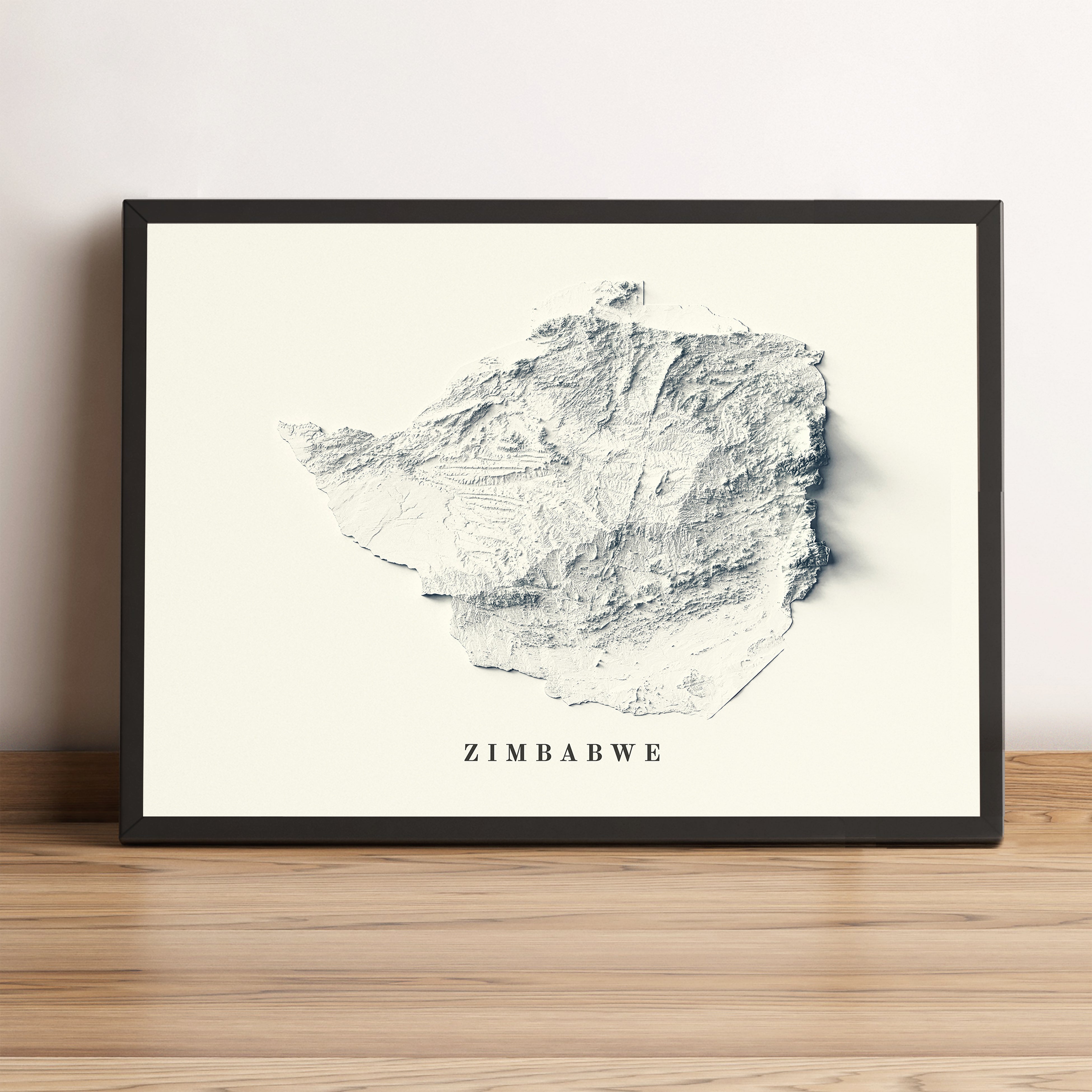 Zimbabwe Shaded Relief Map | Minimalist Topographic Wall Art – Think ...
